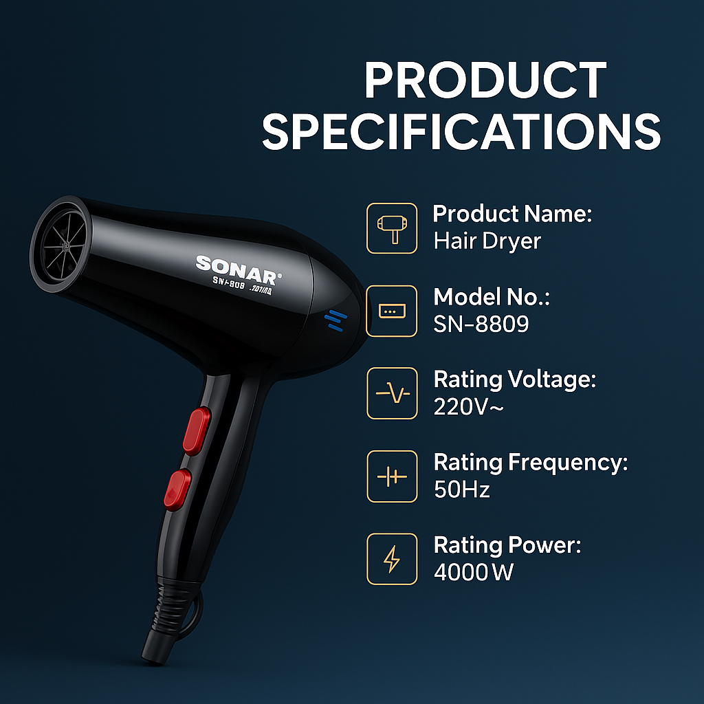 SONAR SN-8809 4000W Ionic Smart Air Design Professional Salon Hair ...
