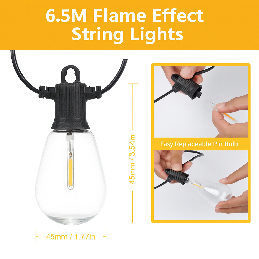 Solar Powered 6.5M Flame Effect String Lights with IP44,10 Shatterproof ...